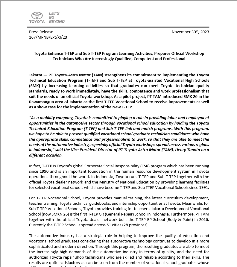 Toyota Enhance T-TEP and Sub T-TEP Program Learning Activities, Prepares Official Workshop ...